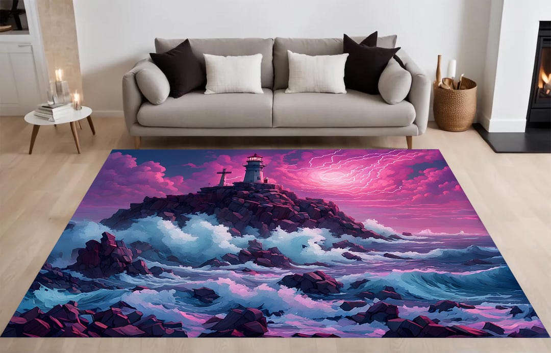 Stormy Rug, Lighthouse Rug, Ocean Waves Rug, Thunderstorm Rug, Nautical ...