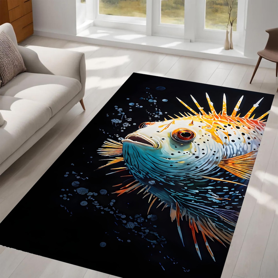 Bold Pufferfish Art Rug, 3D Spiked Design, Vibrant Hues, Unique Oceanic ...
