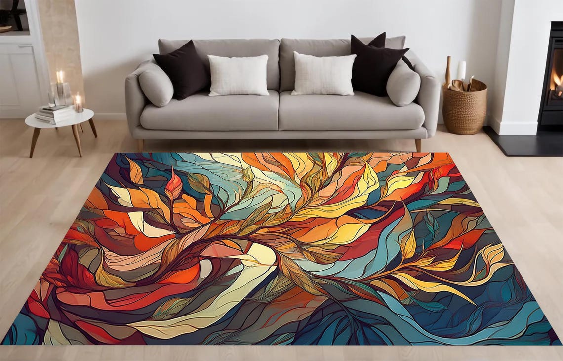Flowing Leaf Abstract Rug, Vibrant Autumn Colors, Unique Rug, Artistic ...
