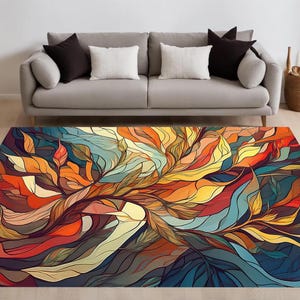 Flowing Leaf Abstract Rug, Vibrant Autumn Colors, Unique Rug, Artistic ...