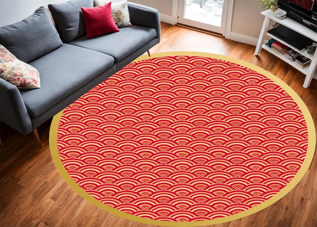 Asian Rug, Seigaiha Wave Pattern Rug, Round Oriental Design, Elegant ...