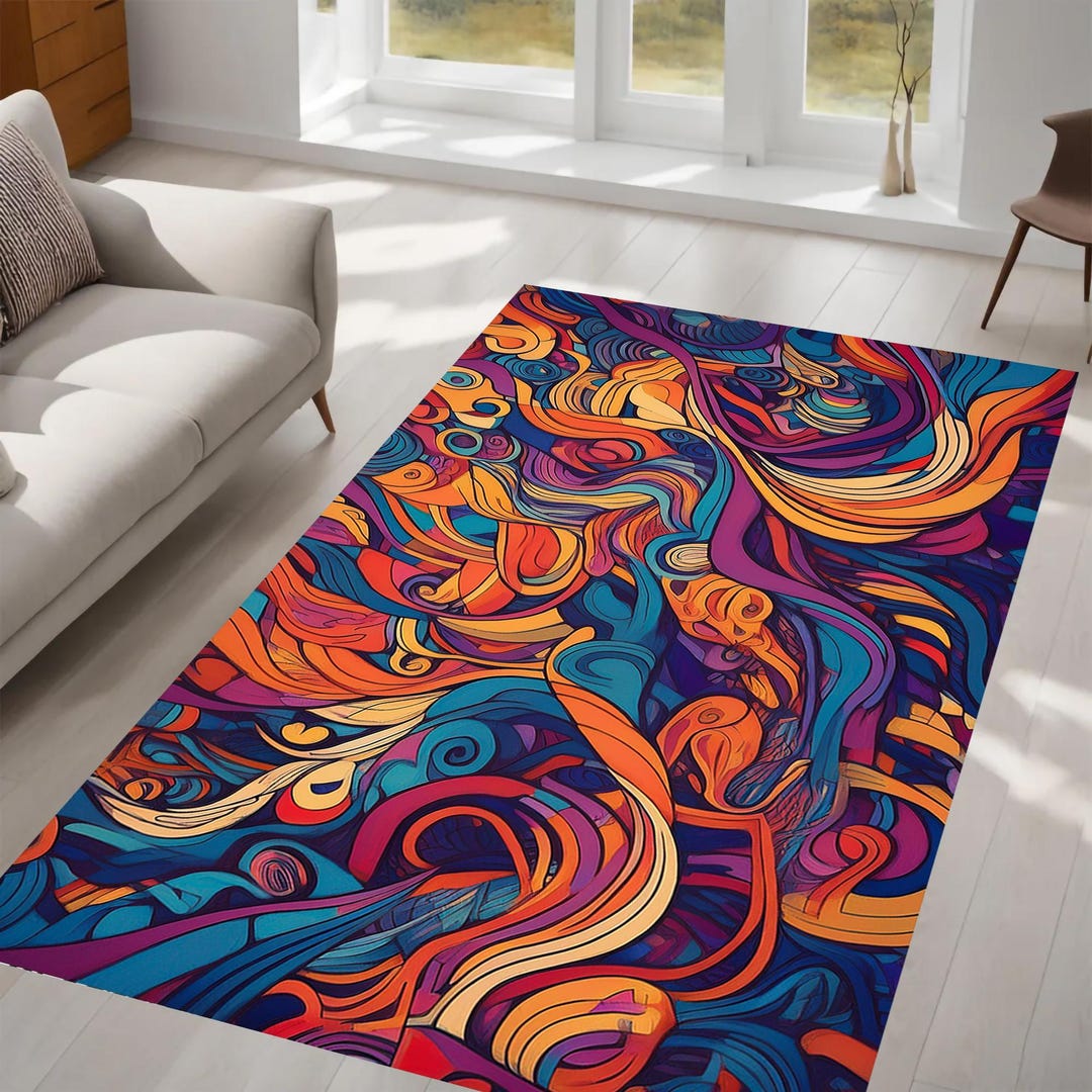 Abstract Rug, Swirl Rug, Bold Chaotic Pattern, Multicolor Rug, Vibrant ...