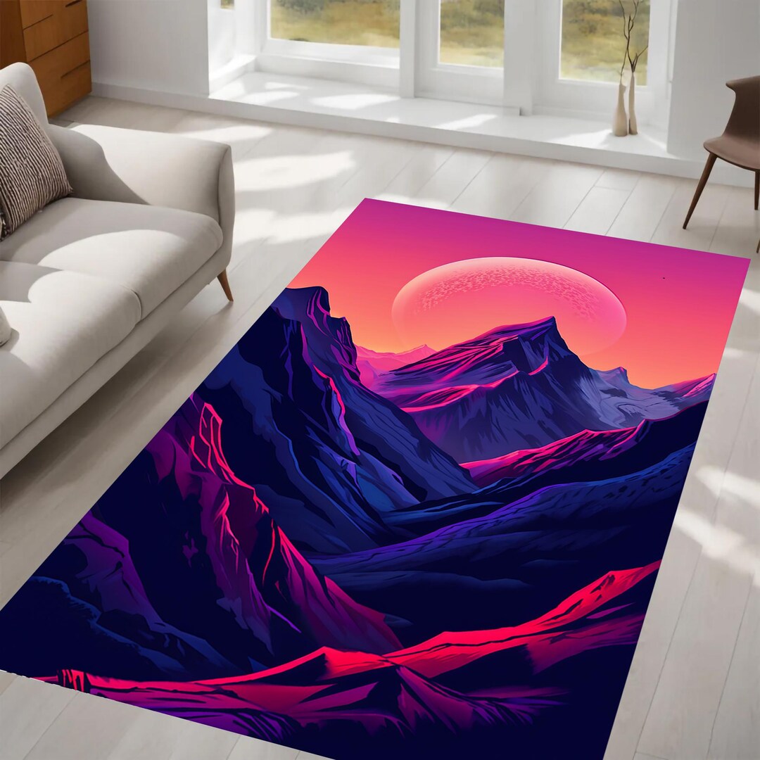 Neon Twilight Rug, Dreamy Mountain Peaks, Cosmic Sunrise, Futuristic ...