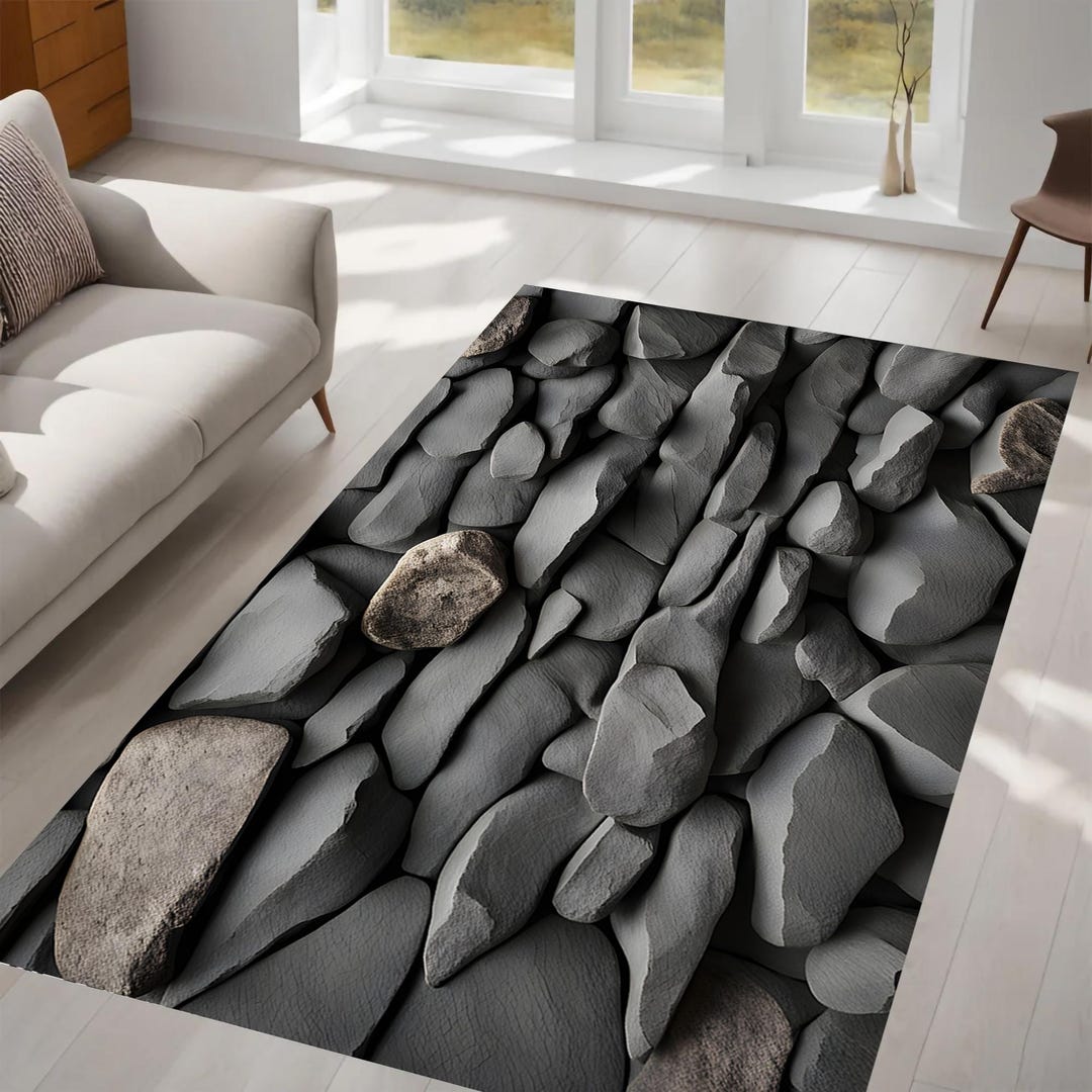 Charcoal Stone Wall Rug, Realistic Rock Pattern, Rustic Decor, Unique ...
