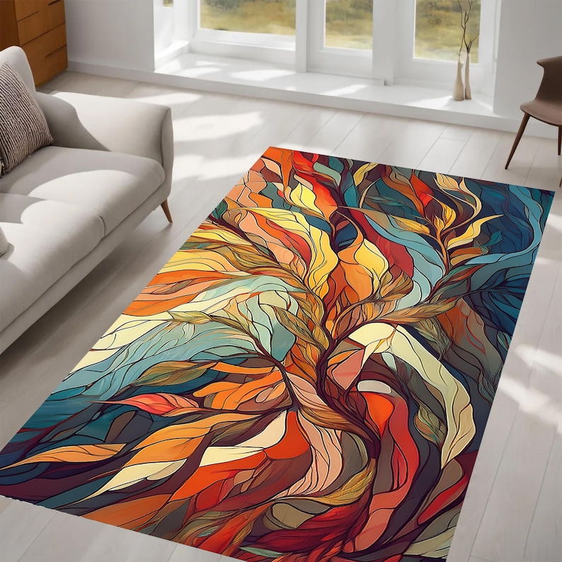Flowing Leaf Abstract Rug, Vibrant Autumn Colors, Unique Rug, Artistic ...