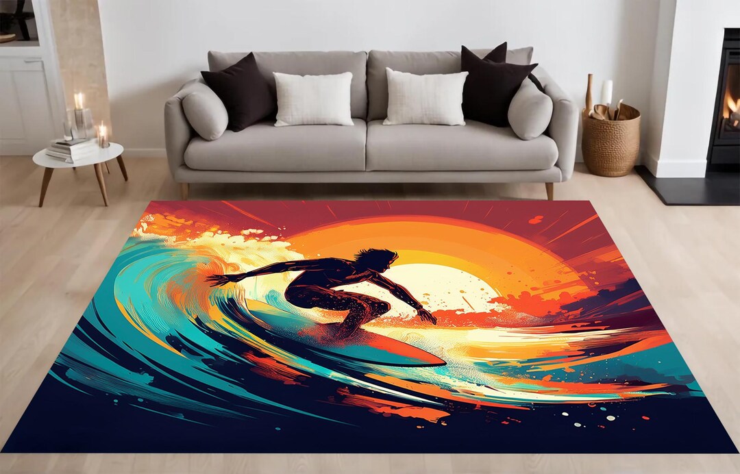 Vibrant Surfing Rug, Dynamic Ocean Wave Rug, Energetic Water Sport Rug ...