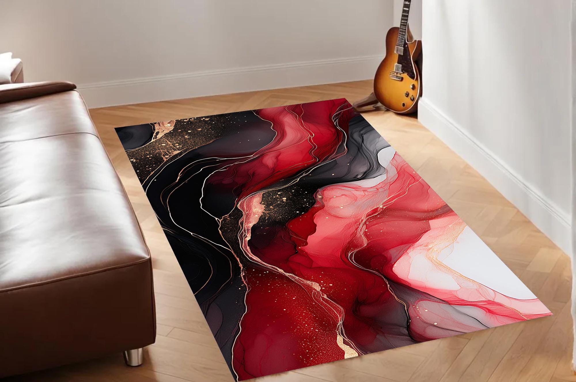 Abstract Art Rug, Liquid Waves Rug, Gold Glitter Accents, Modern Fluid ...