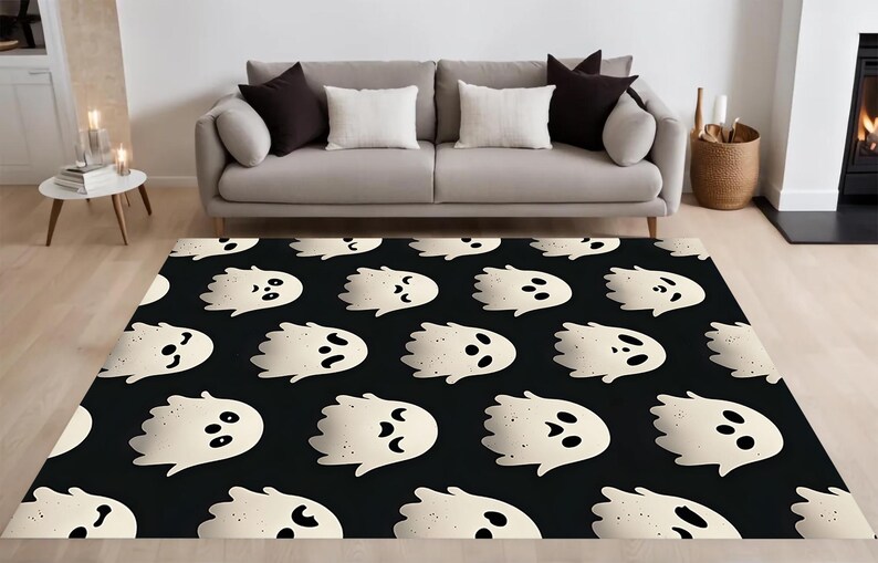 Cute Ghost Pattern Rug, Spooky Halloween Decor, Fun Beige Ghosts ...