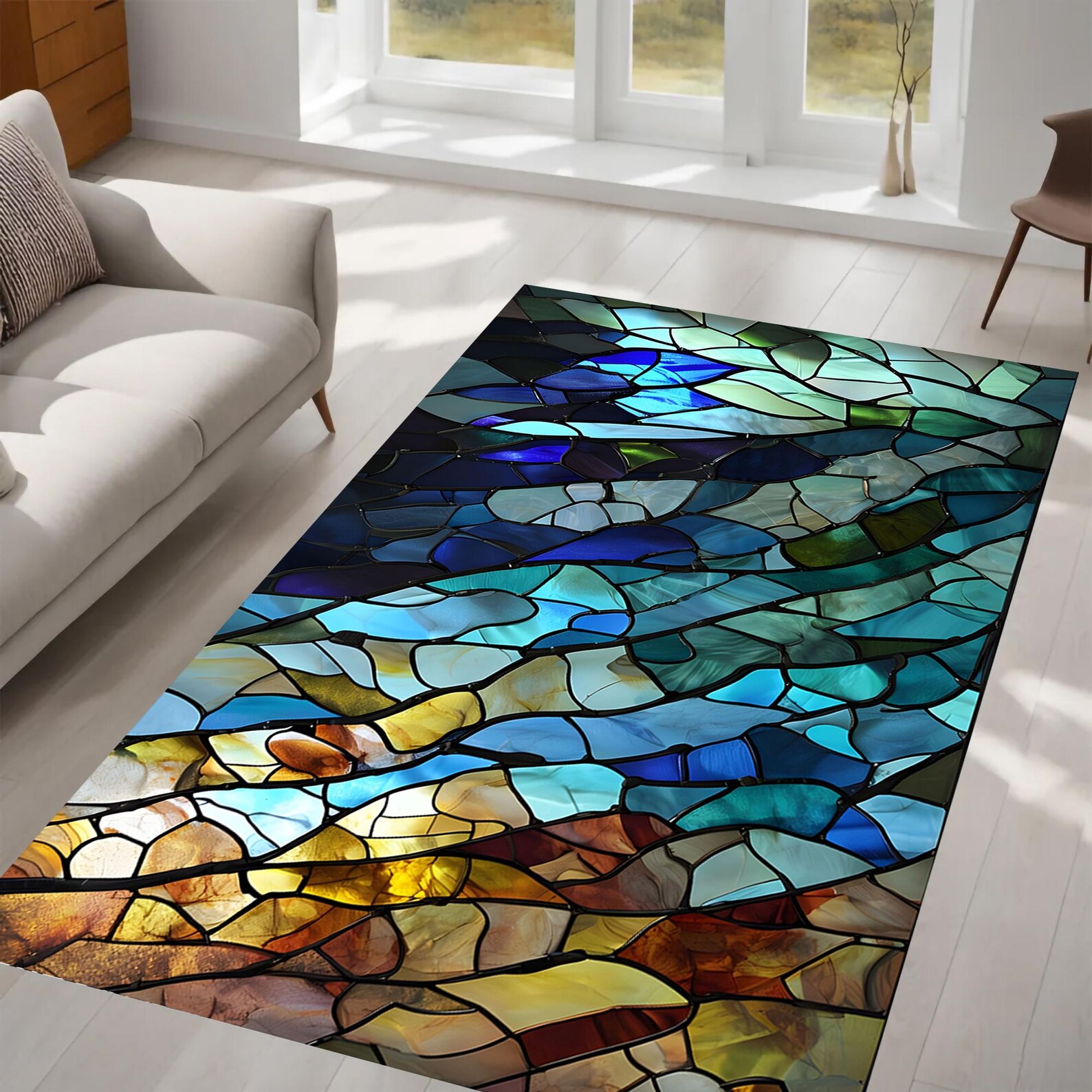 Stained Glass Rug, Intricate Mosaic Design, Vibrant Earth, Ocean Tones ...