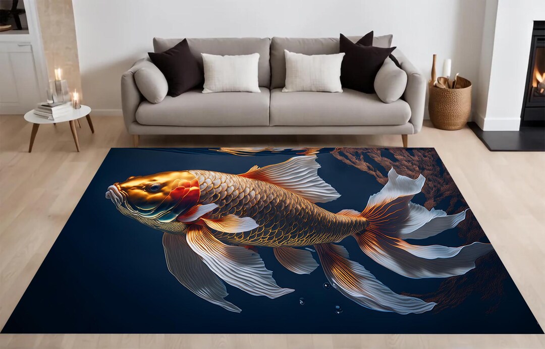 Luxurious Koi Fish Rug, Deep Water Rug, Elegant Oriental Rug, Vibrant ...