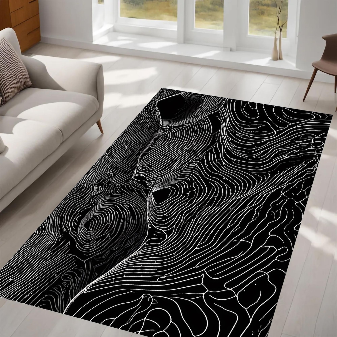 Topographic Line Art Rug, Minimalist Monochrome Design, Contour Mapping ...