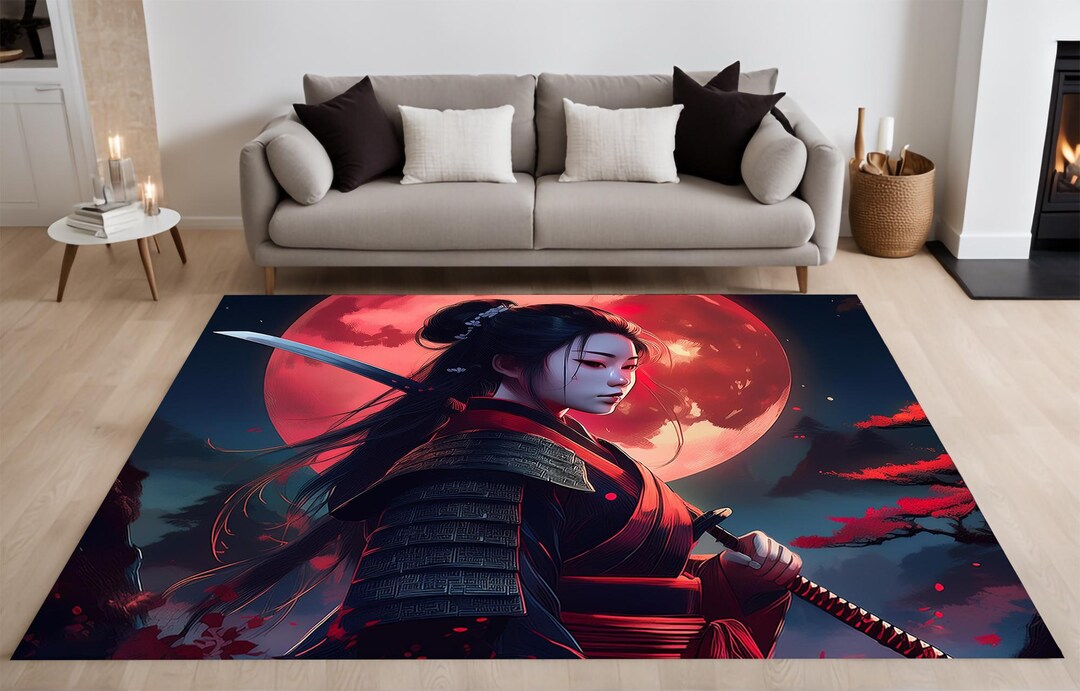 Samurai Rug, Asian Rug, Ancient Female Samurai Rug, Katana Rug, Red ...