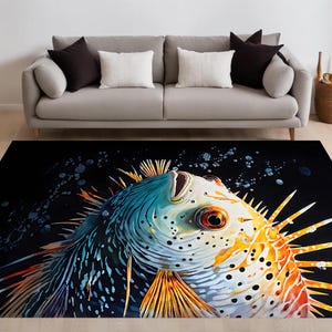 Bold Pufferfish Art Rug, 3D Spiked Design, Vibrant Hues, Unique Oceanic ...