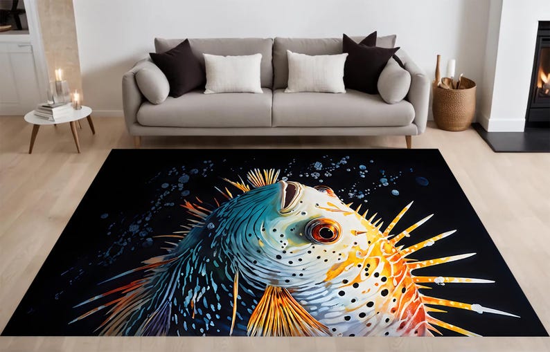 Bold Pufferfish Art Rug, 3D Spiked Design, Vibrant Hues, Unique Oceanic ...