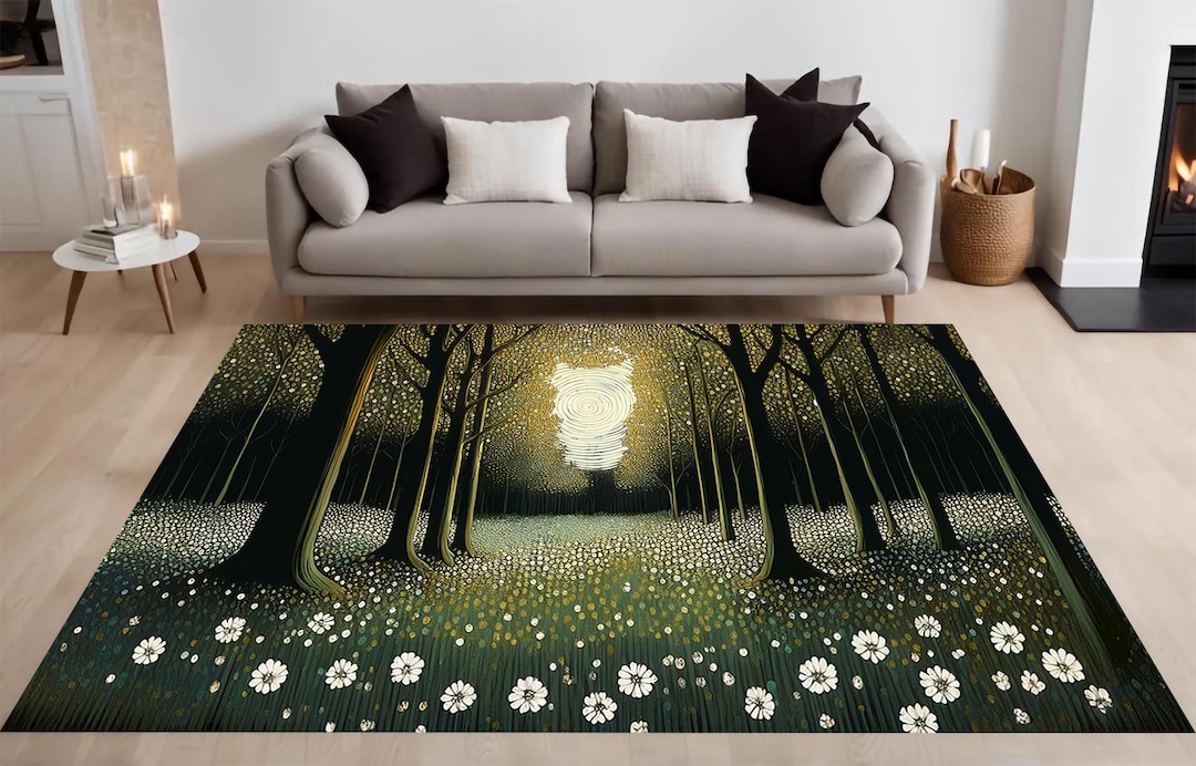Enchanted Forest Rug, Pointillism Art Style, Dreamy Floral Rug ...