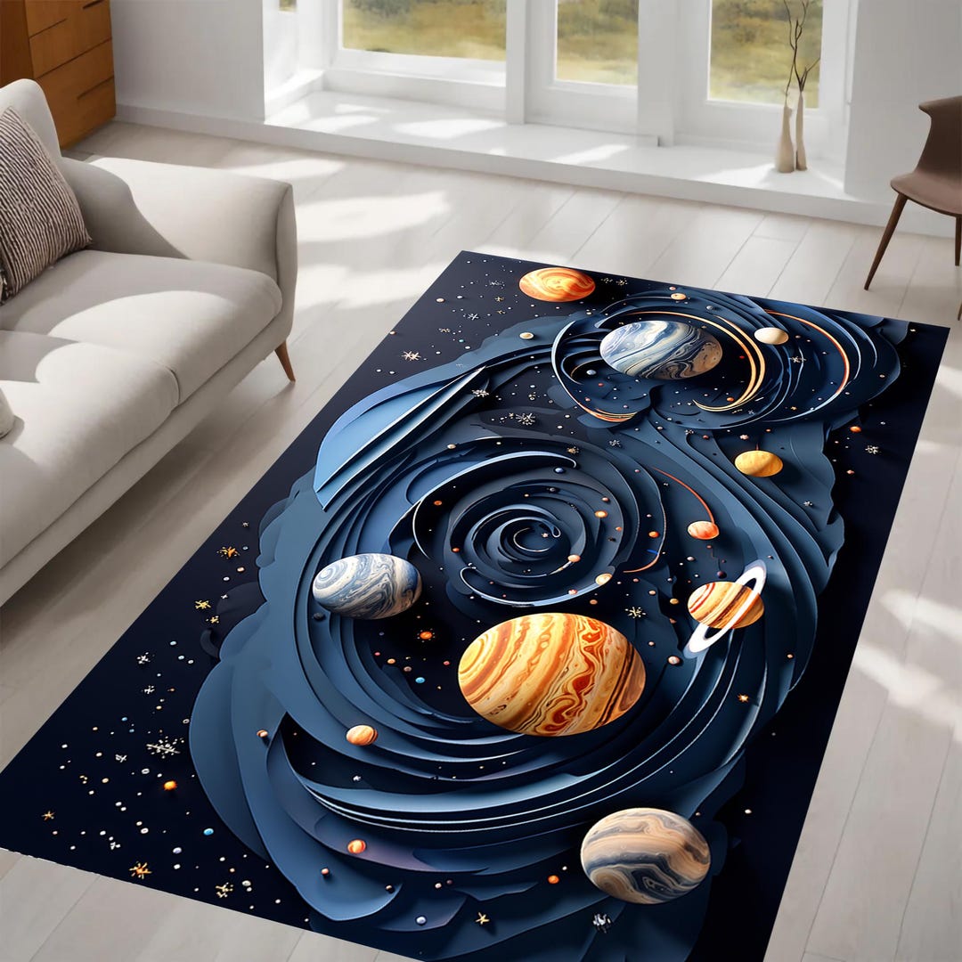 Paper Cut Style Solar System Rug, Stunning 3D Planetary Design, Cosmic ...
