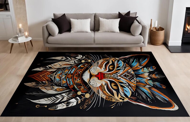 Tribal Cat Face Rug, Boho Tribal Decor, Intricate Feather Rug, Pattern ...