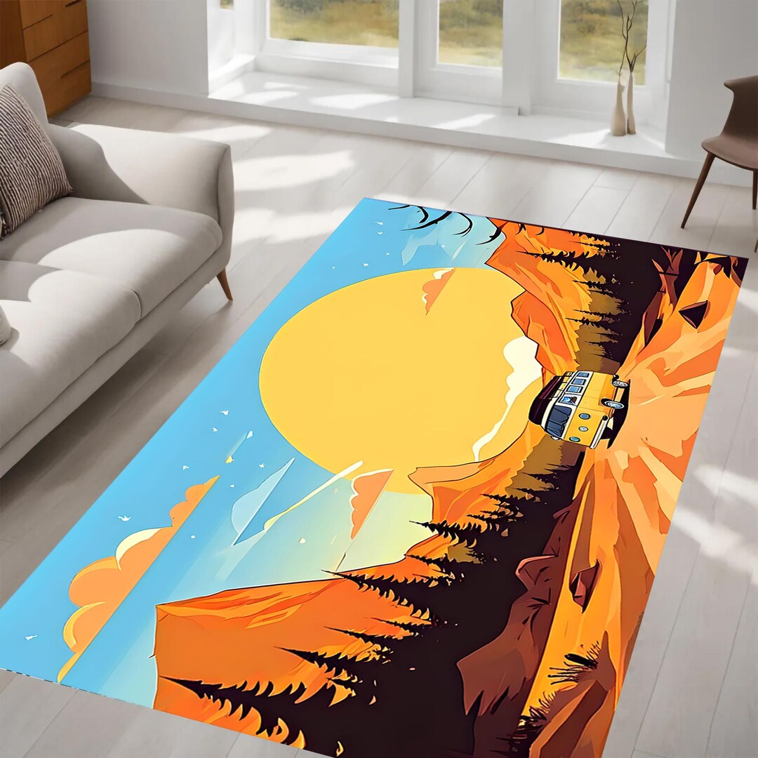 Retro Road Trip Rug, Camper Van, Sunset, Mountains, Adventure Inspired ...