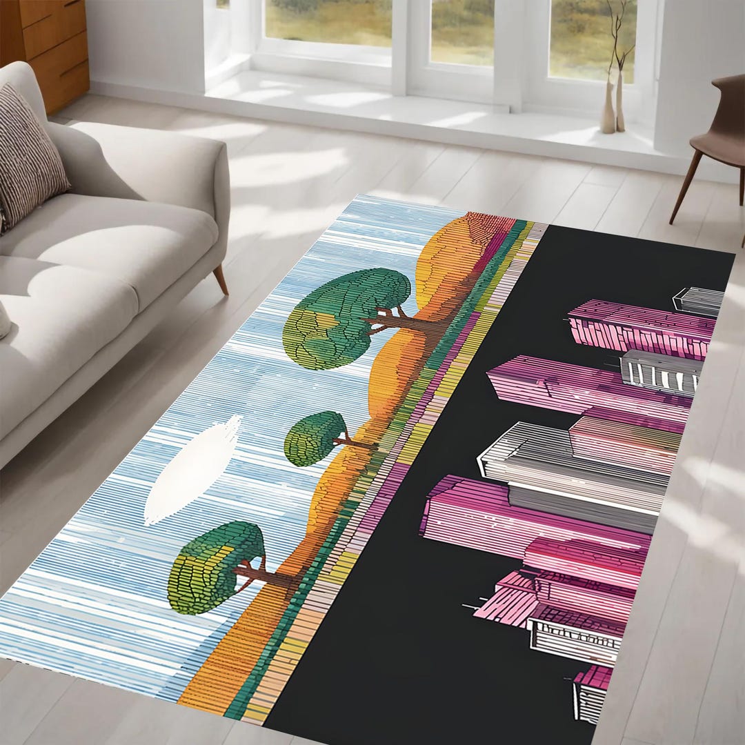 Dual Scene Rug, Artistic Split Design, Vibrant Forest, Modern Cityscape ...