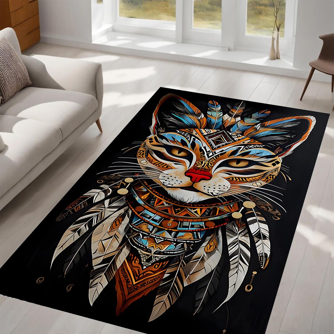 Tribal Cat Face Rug, Boho Tribal Decor, Intricate Feather Rug, Pattern ...
