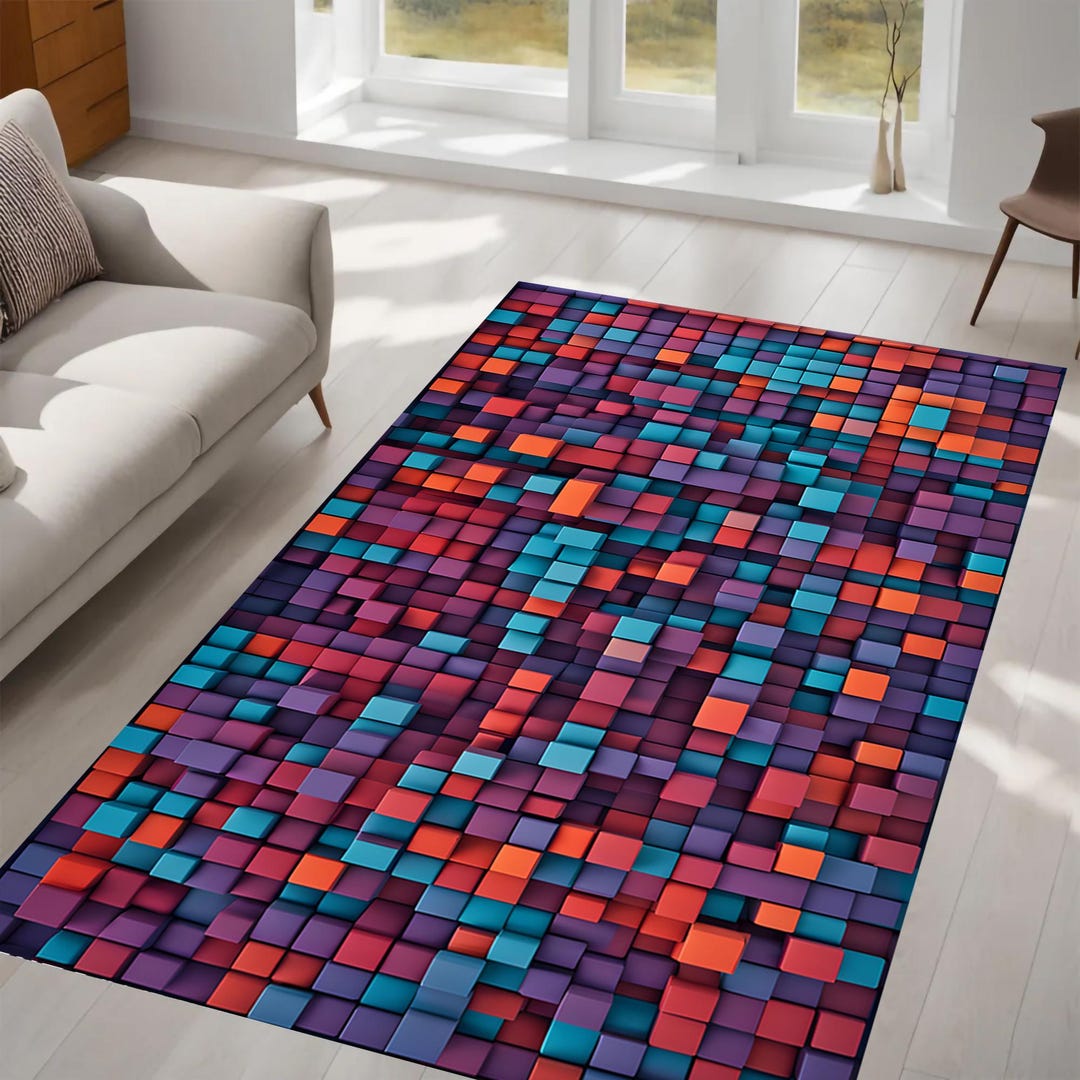Vibrant 3D, Block Pattern Rug, Modern Geometric Art, Dynamic Colorful ...