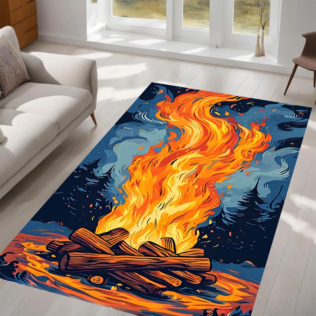 Fiery Bonfire Rug, Vibrant Flames Art, Cozy Campfire Scene, Modern ...