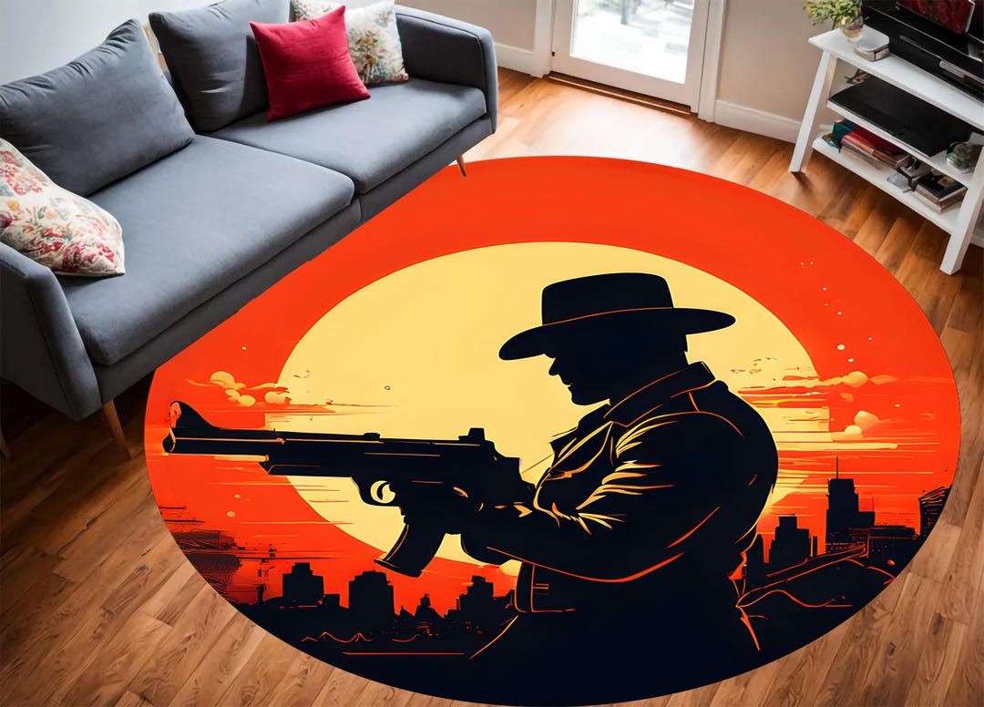 Retro Outlaw Rug, Western Noir Rug, Gun Rug, Fiery Sunset Rug, Urban ...