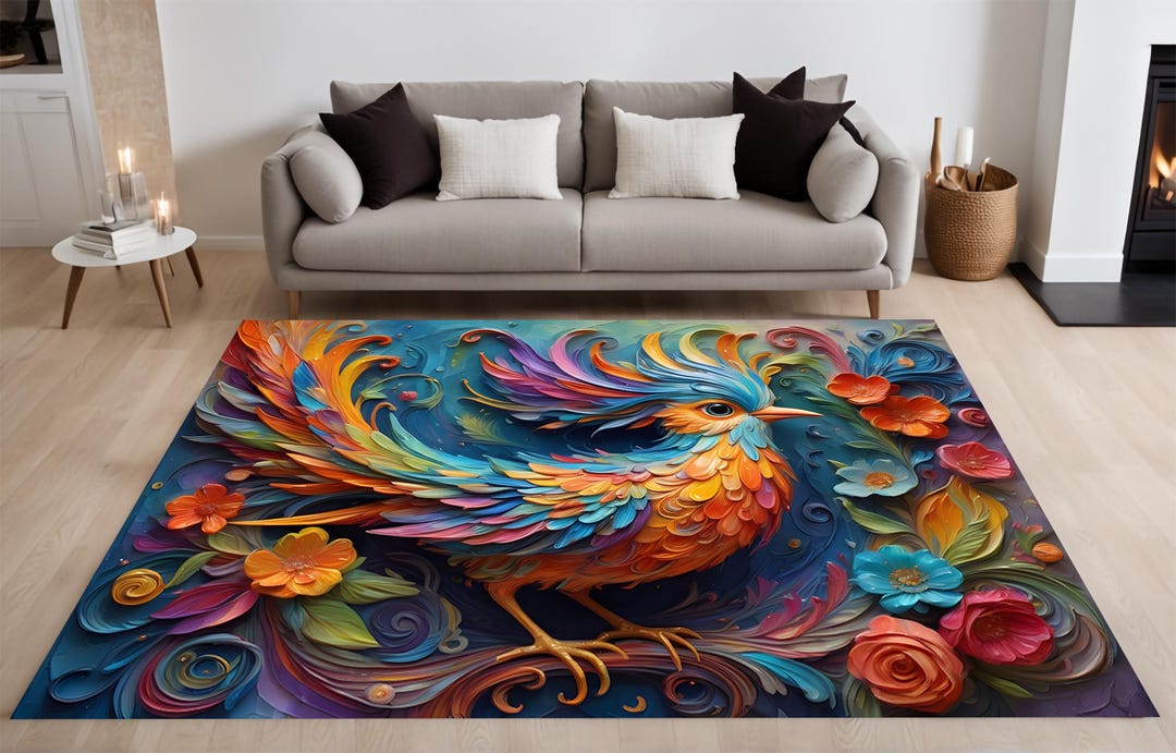 Vibrant Bird Rug, Fairy Tale Rug, Multicolored Feathers Rug, Artistic ...