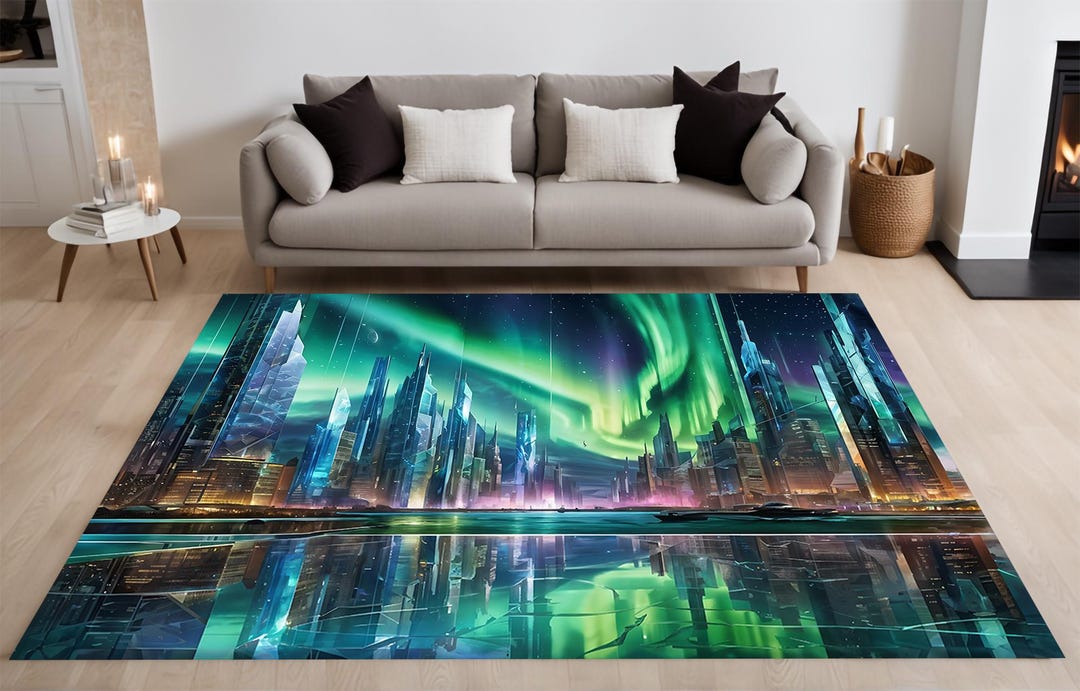 Futuristic Rug, Aurora City Rug, Sci-fi Urban Rug, Northern Lights Rug ...