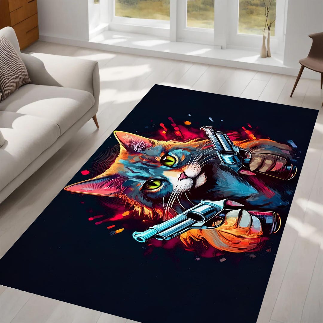 Revolver Wielding Cat Rug, Bold Cartoon Art, Vivid Colors, Playful ...