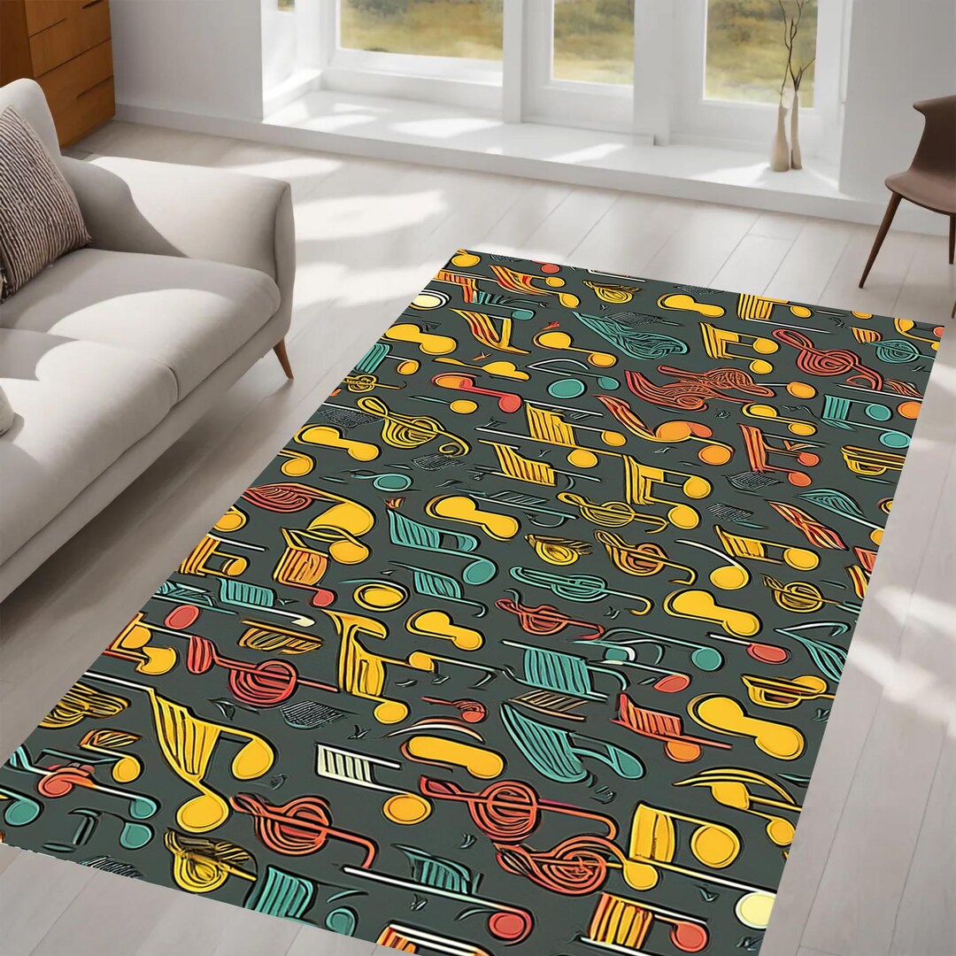 Music Notes Rug, Colorful Musical Symbols Design, Playful Rug, Art Rug ...
