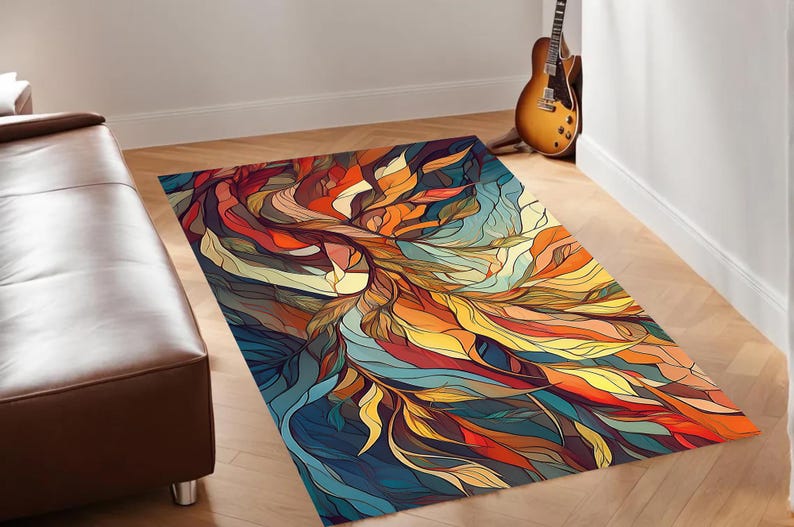 Flowing Leaf Abstract Rug, Vibrant Autumn Colors, Unique Rug, Artistic ...
