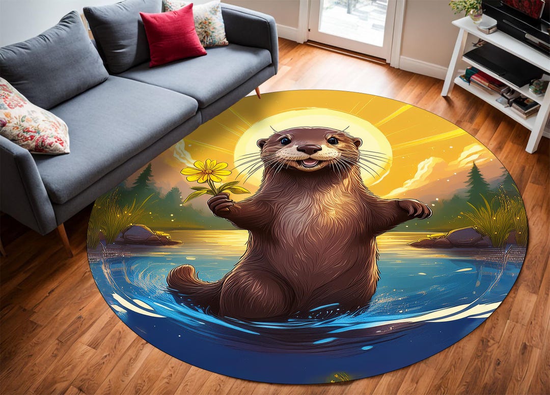 Sunlit Otter Rug, Adorable Otter Rug, Nature Inspired Rug, Round Carpet ...