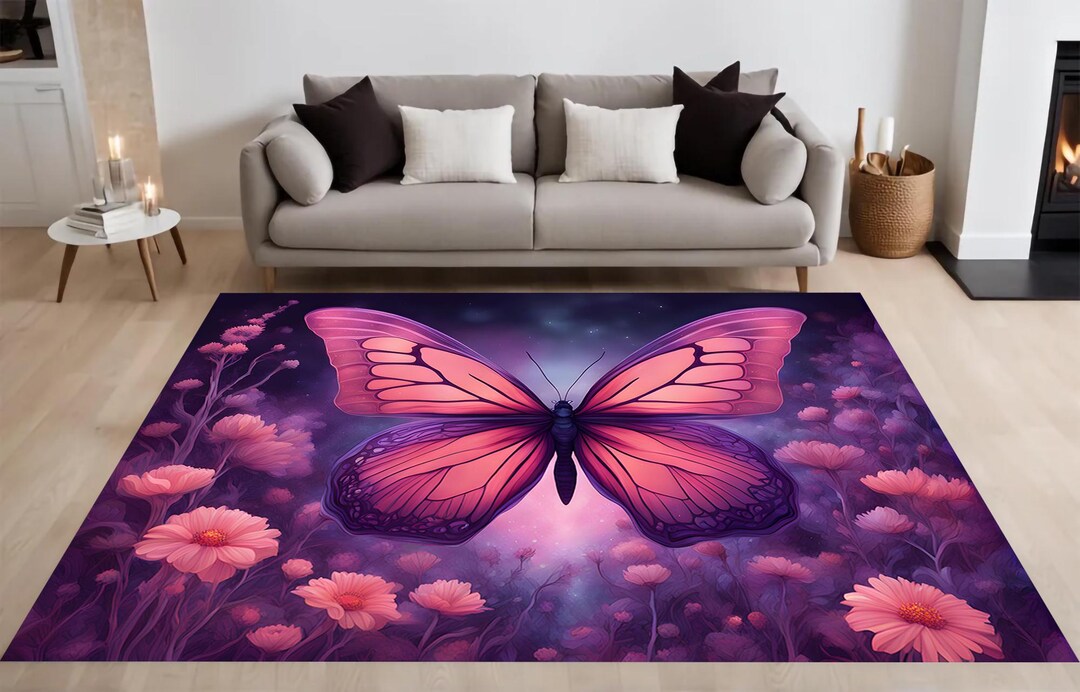 Enchanted Butterfly Rug, Fantasy Garden Rug, Floral Pattern Rug, Wings ...