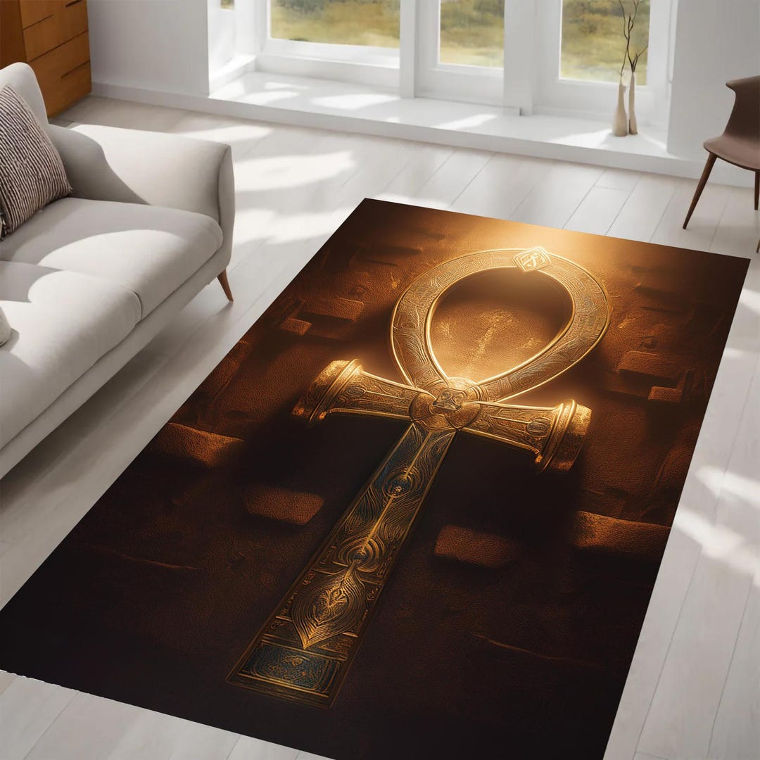 Ankh Symbol Rug, Ancient Egyptian Design, Luxurious Metallic Tones ...