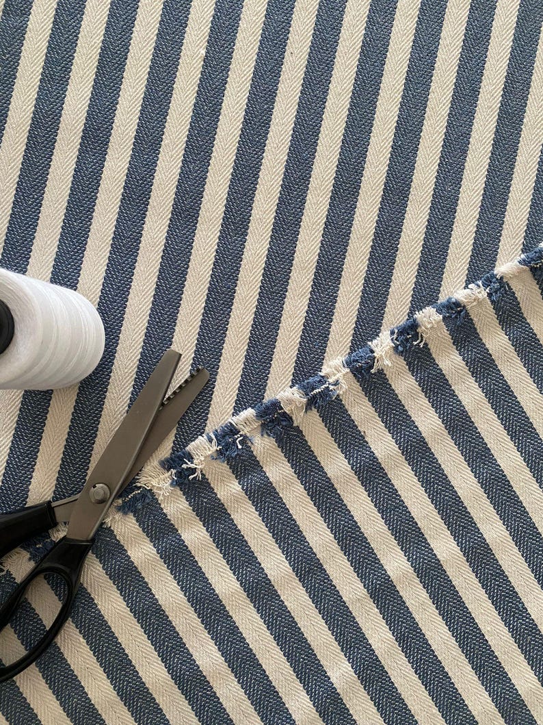 Heavy Herringbone Upholstery Fabric Indigo Natural Stripe • Durable ...
