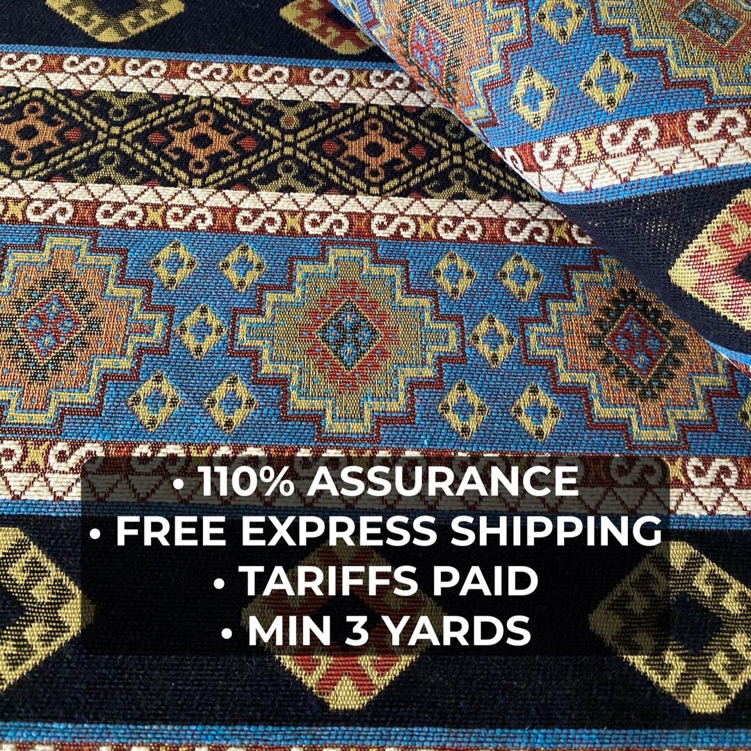Kilim Gobelin Upholstery Fabric by Yard – Blue Burgundy Gold Jacquard ...
