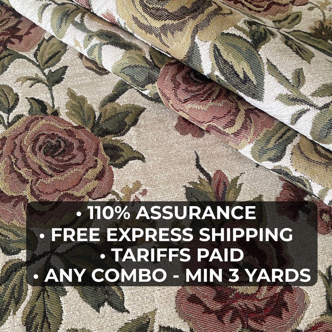 Rose Gobelin Upholstery Fabric by Yard – Bone Olive Burgundy Floral ...