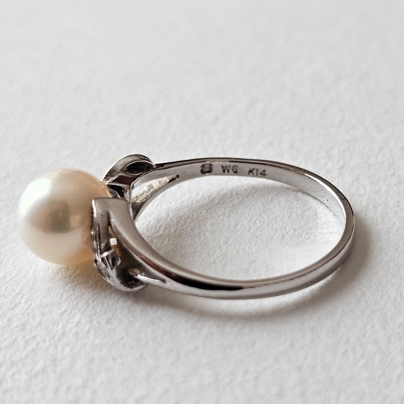 Mikimoto 7.5mm Cultured Akoya Pearl Natural Diamond Ring 14k 585 White Gold Us6jp12 Vintage ...