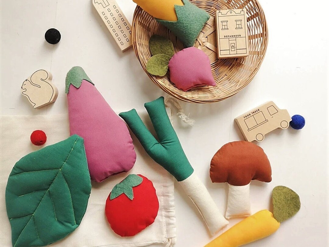 Play Food Set Soft Fabric Vegetable Wooden Shop Imaginative Pretend ...