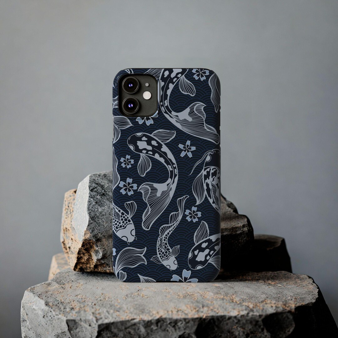 Koi Pond Phone Case, Elegant Blue Fish Pattern, Tough Phone Cover ...