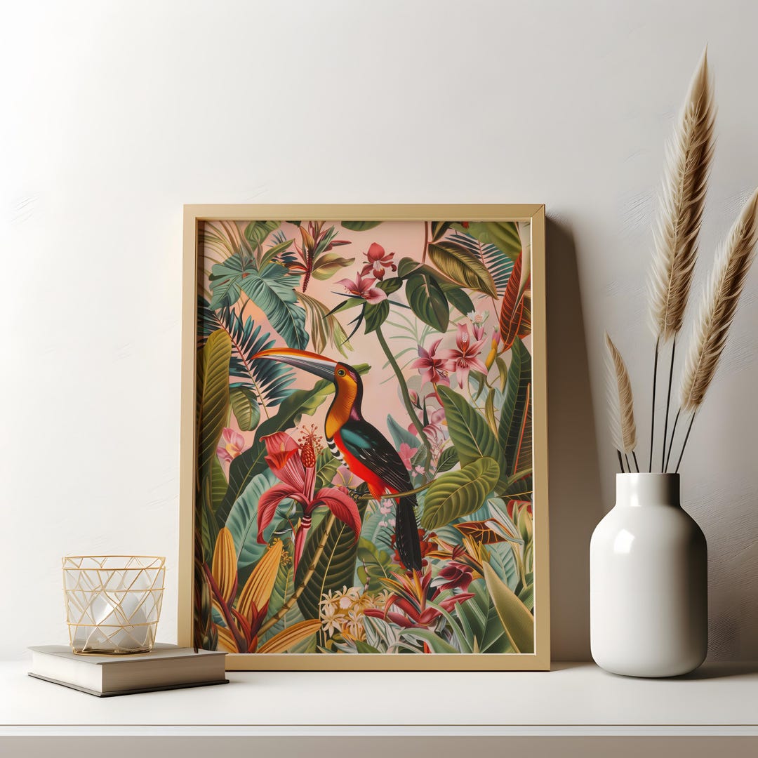 Tropical Toucan in the Jungle Painting, Boho Bird Nature Wall Art Print ...
