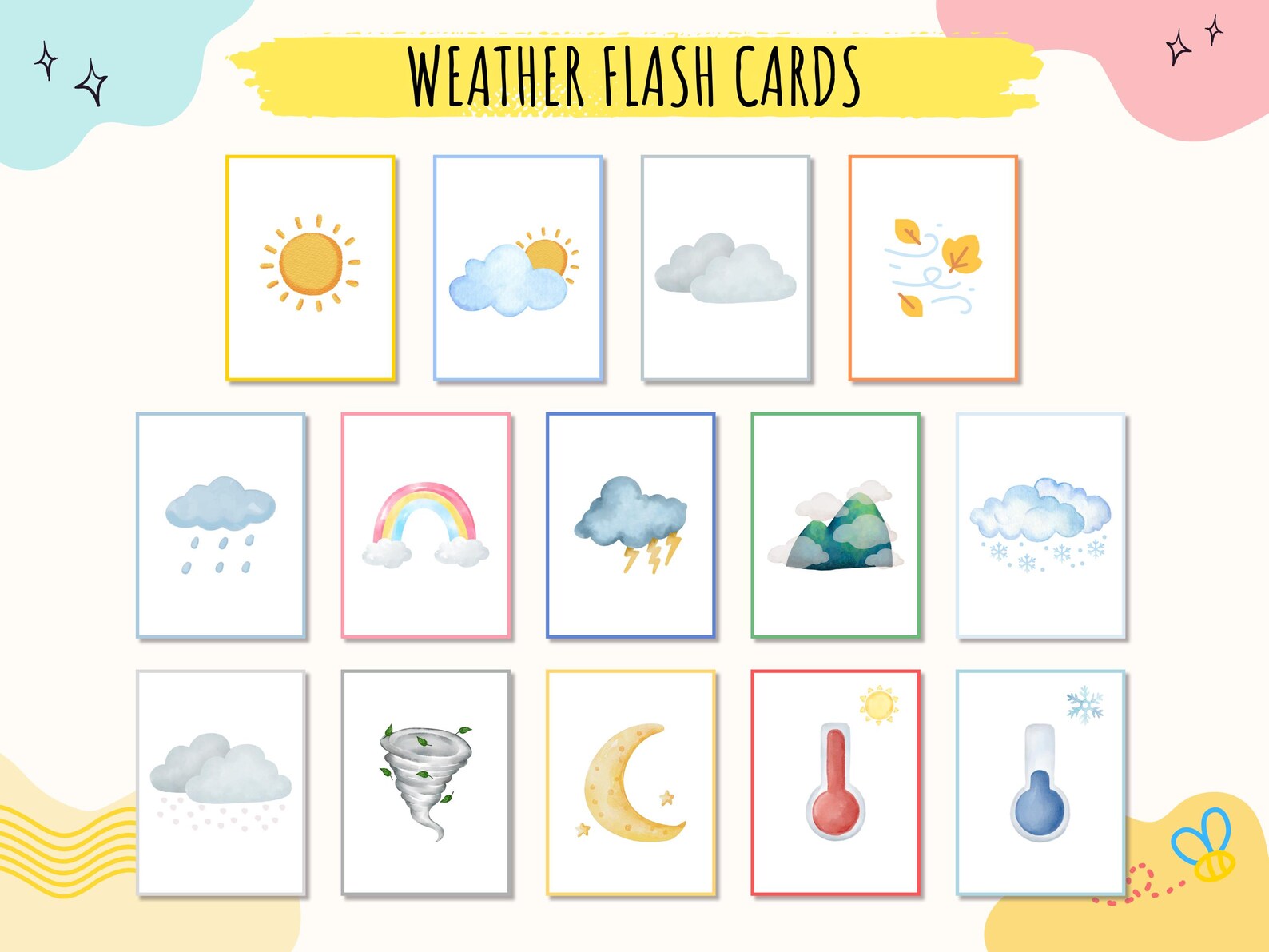 14 Weather Flashcards, Montessori Watercolor Nomenclature Cards ...