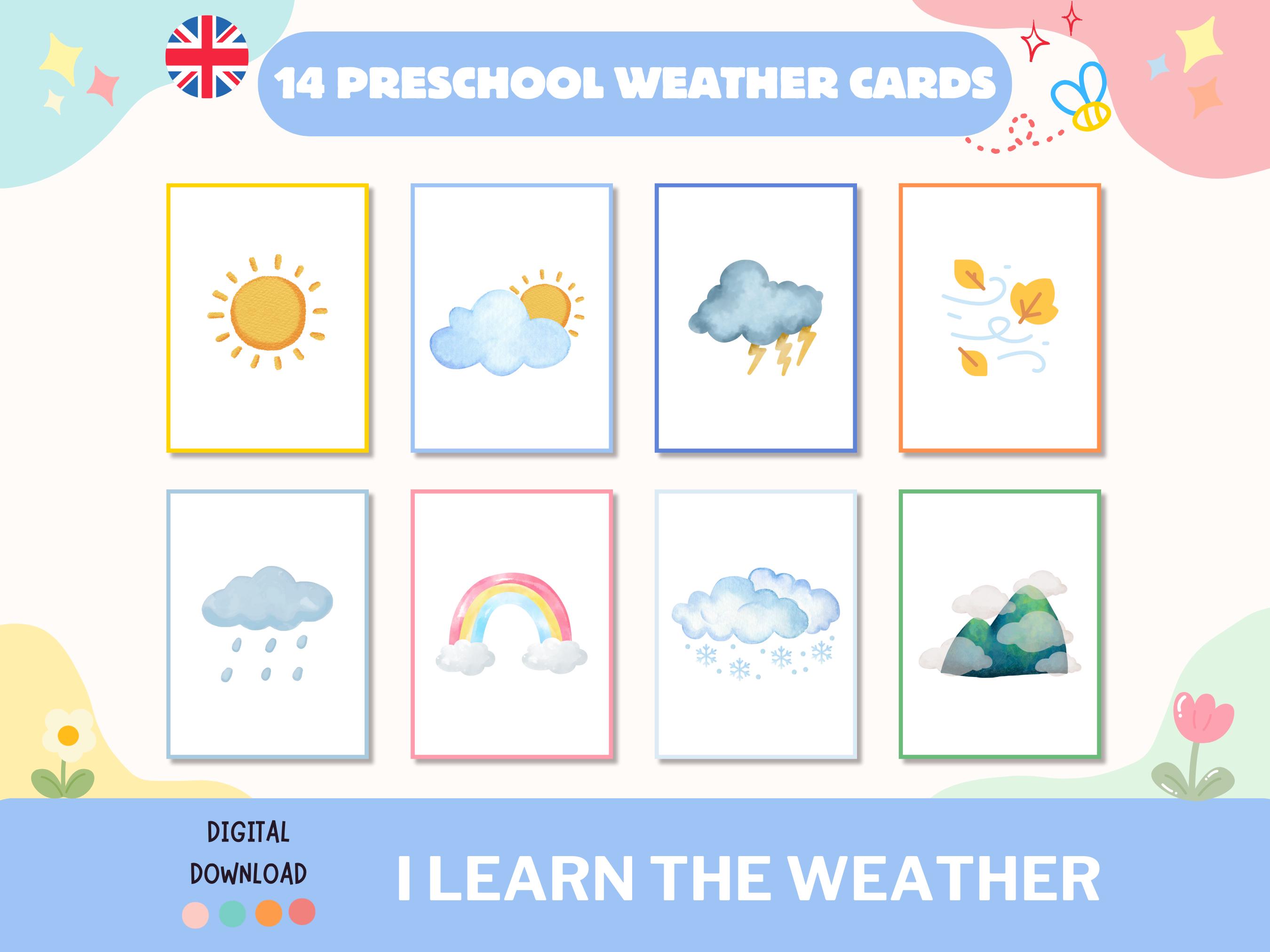 14 Weather Flashcards, Montessori Watercolor Nomenclature Cards ...