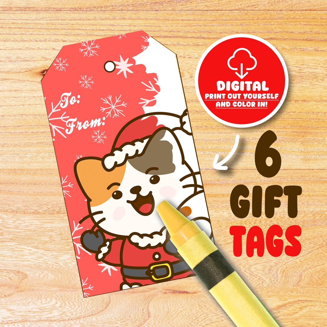 Christmas Coloring Gift Tags Printable Cat Santa (6 Pieces) - Etsy