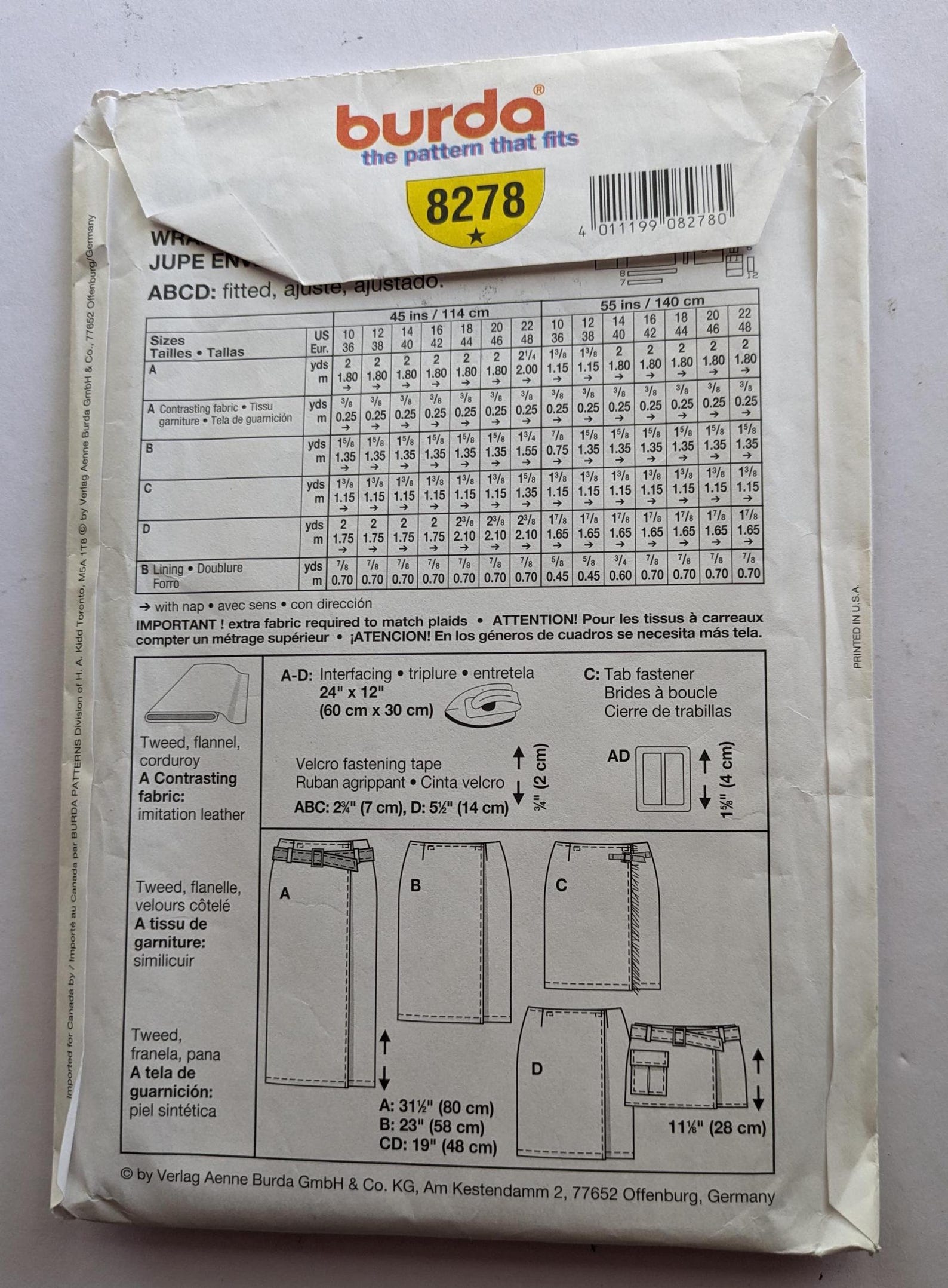 Burda Sewing Pattern 8278 Women's Wrap Skirt in 4 Styles Sizes 10-22 ...