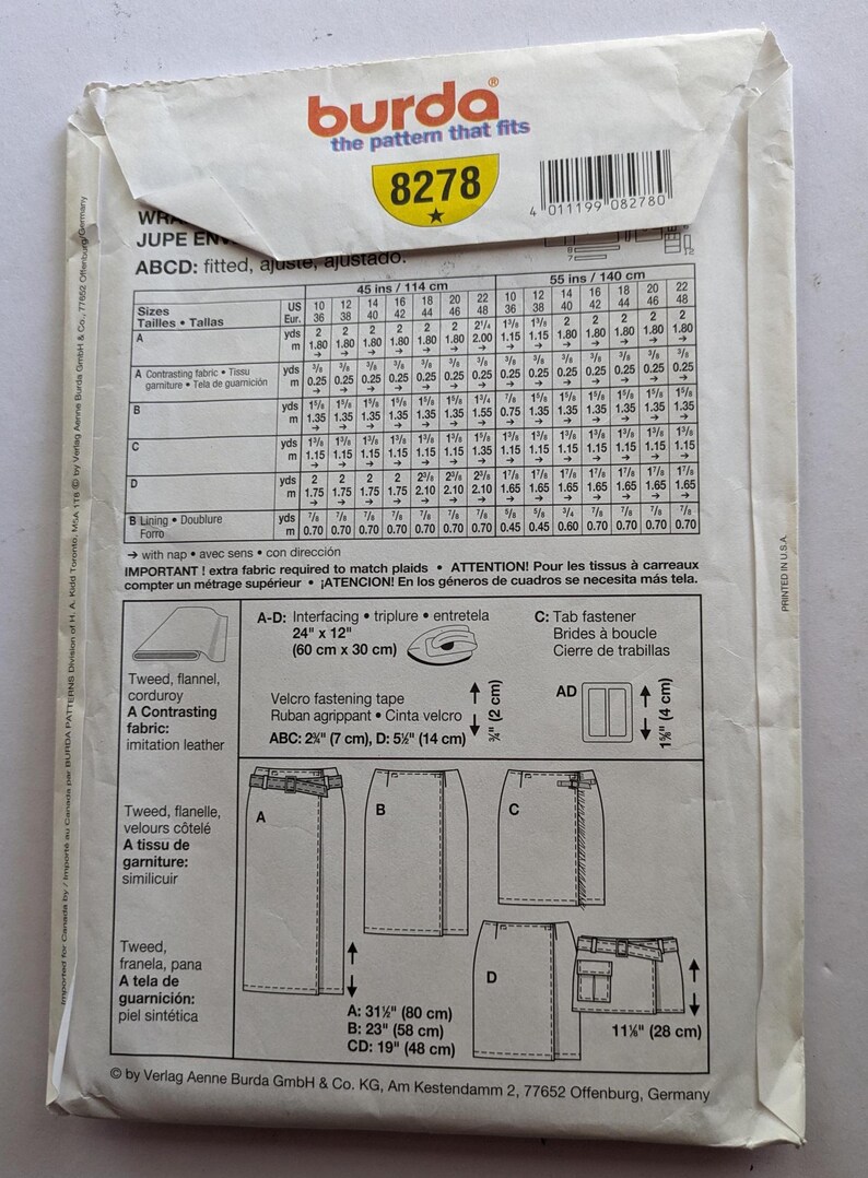 Burda Sewing Pattern 8278 Women's Wrap Skirt in 4 Styles Sizes 10-22 ...