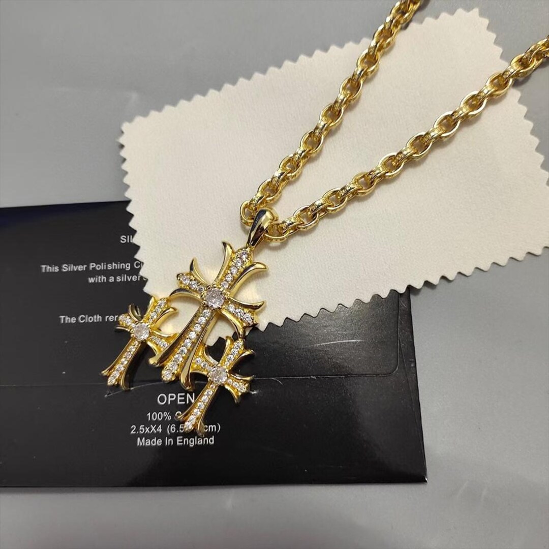 Retro Diamond-encrusted Silver Three-cross Pendant Thick Chain ...