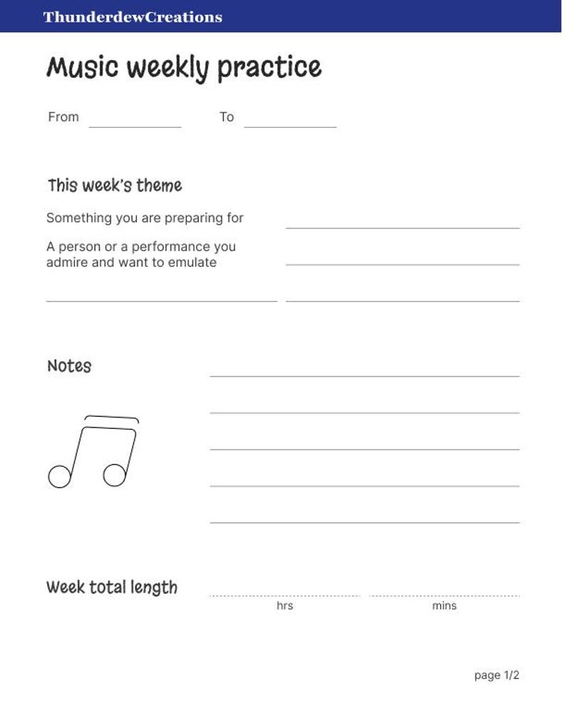 Printable WEEKLY Instrument Practice Tracking Sheet - BLANK Exercise ...