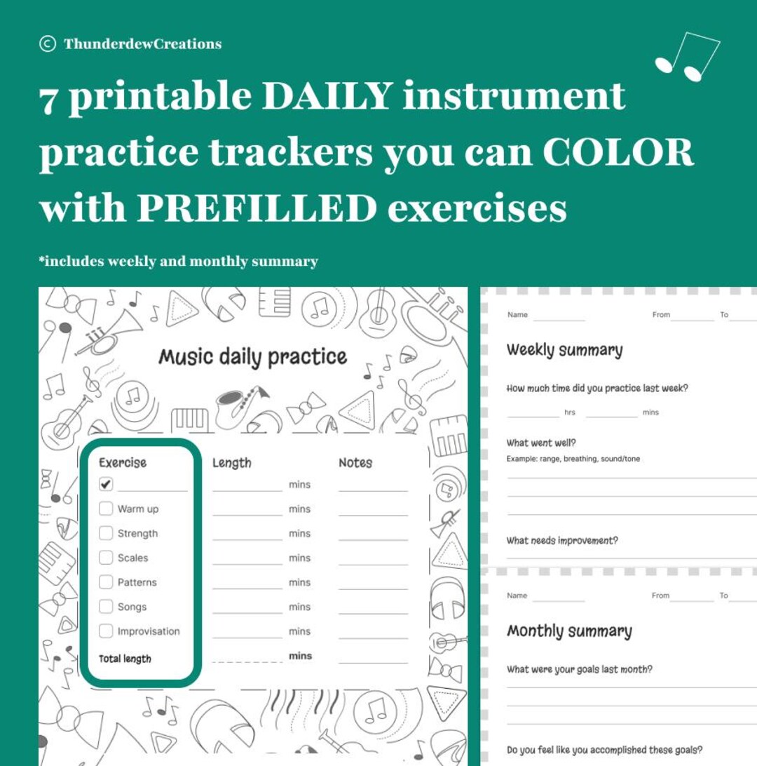 7 Printable DAILY Instrument Practice Trackers Made for COLOURING With ...